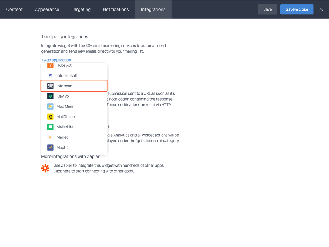 How to integrate widgets with Intercom | Getsitecontrol