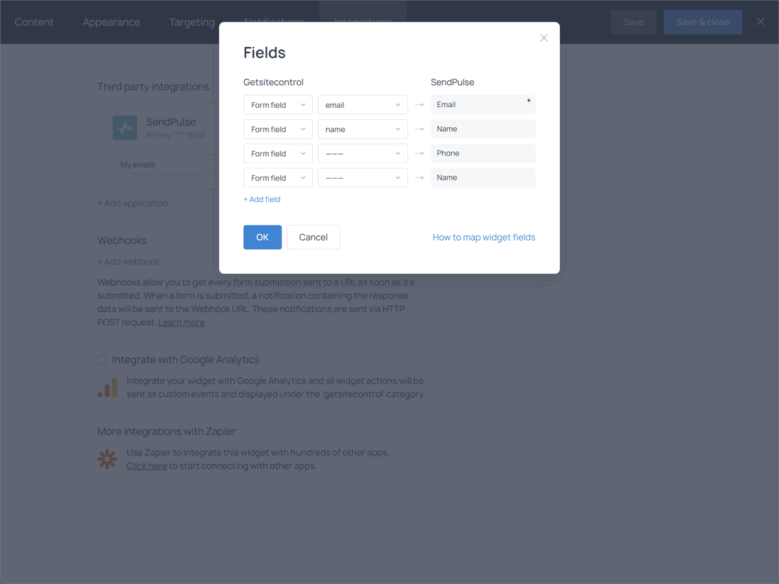 How to integrate widgets with SendPulse | Getsitecontrol